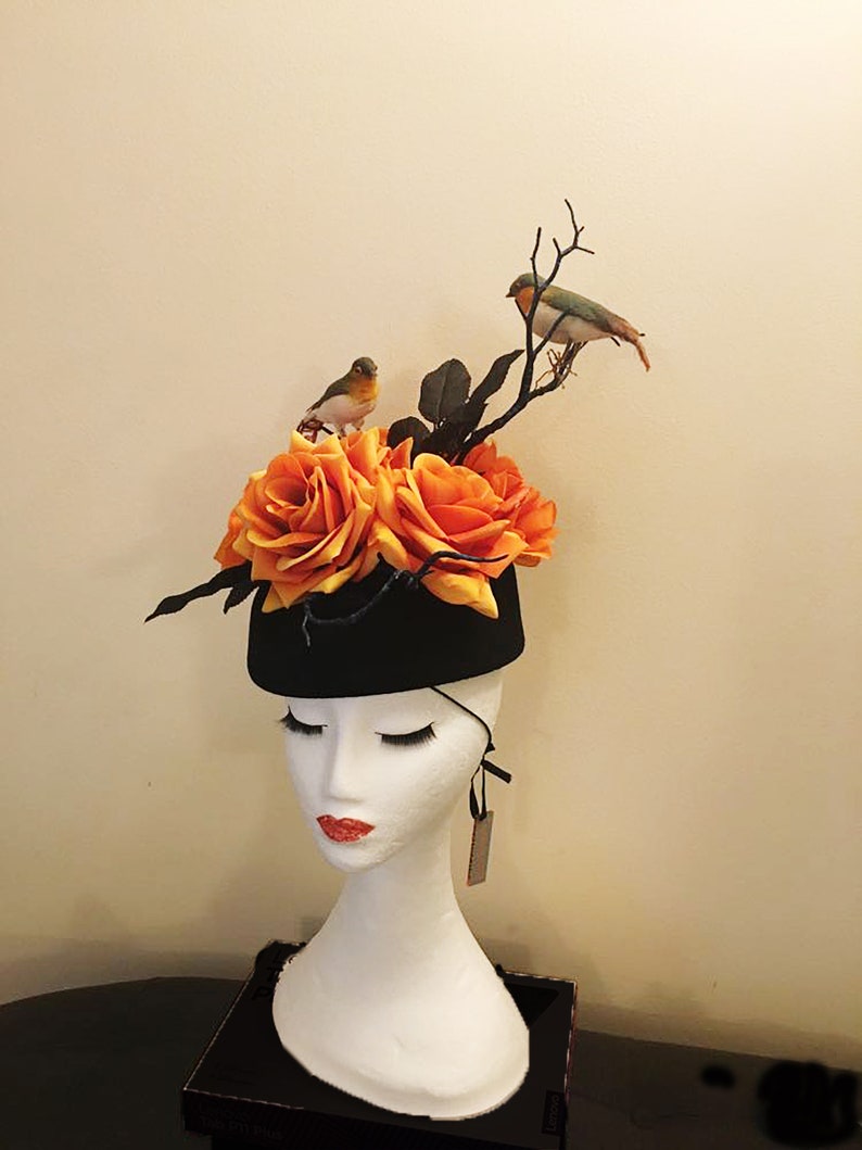 Showgirl Hat Flora and Fauna Headpiece Birds Branches Orange Flower ...