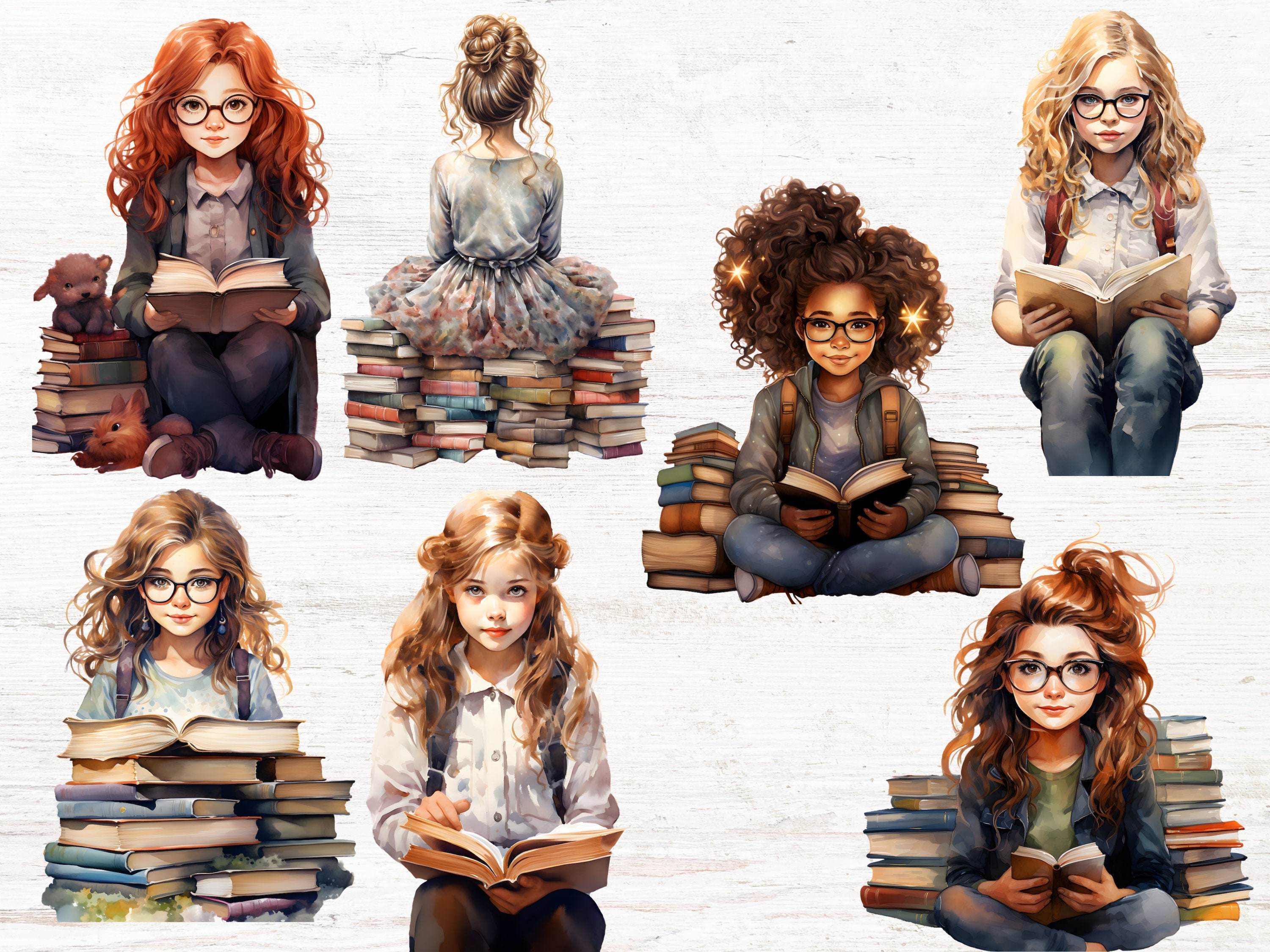 Book Lover Girls Clipart Bundle, Transparent Pngs, Commercial Use ...