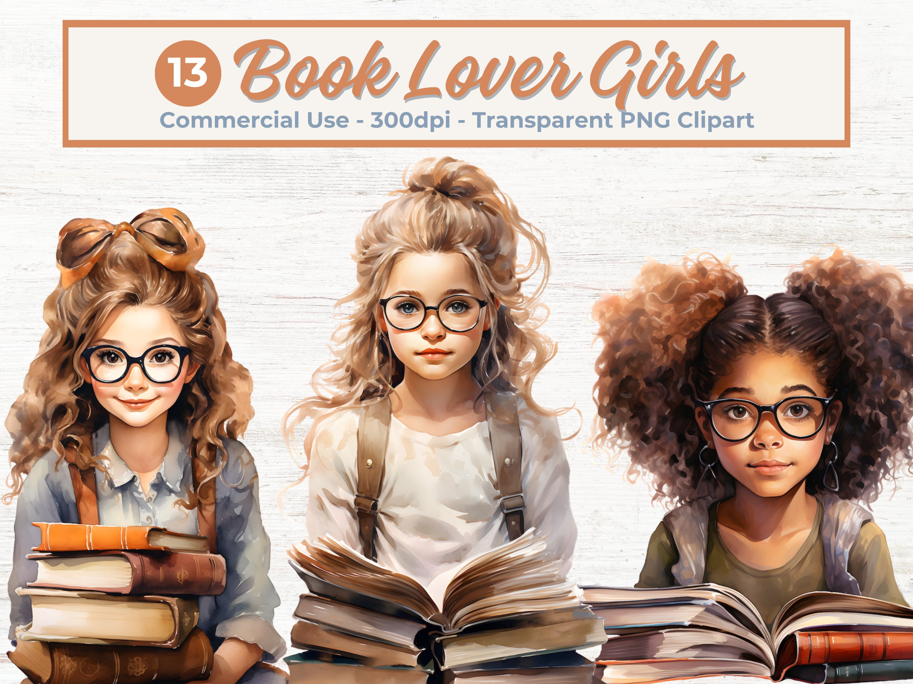Book Lover Girls Clipart Bundle, Transparent Pngs, Commercial Use ...