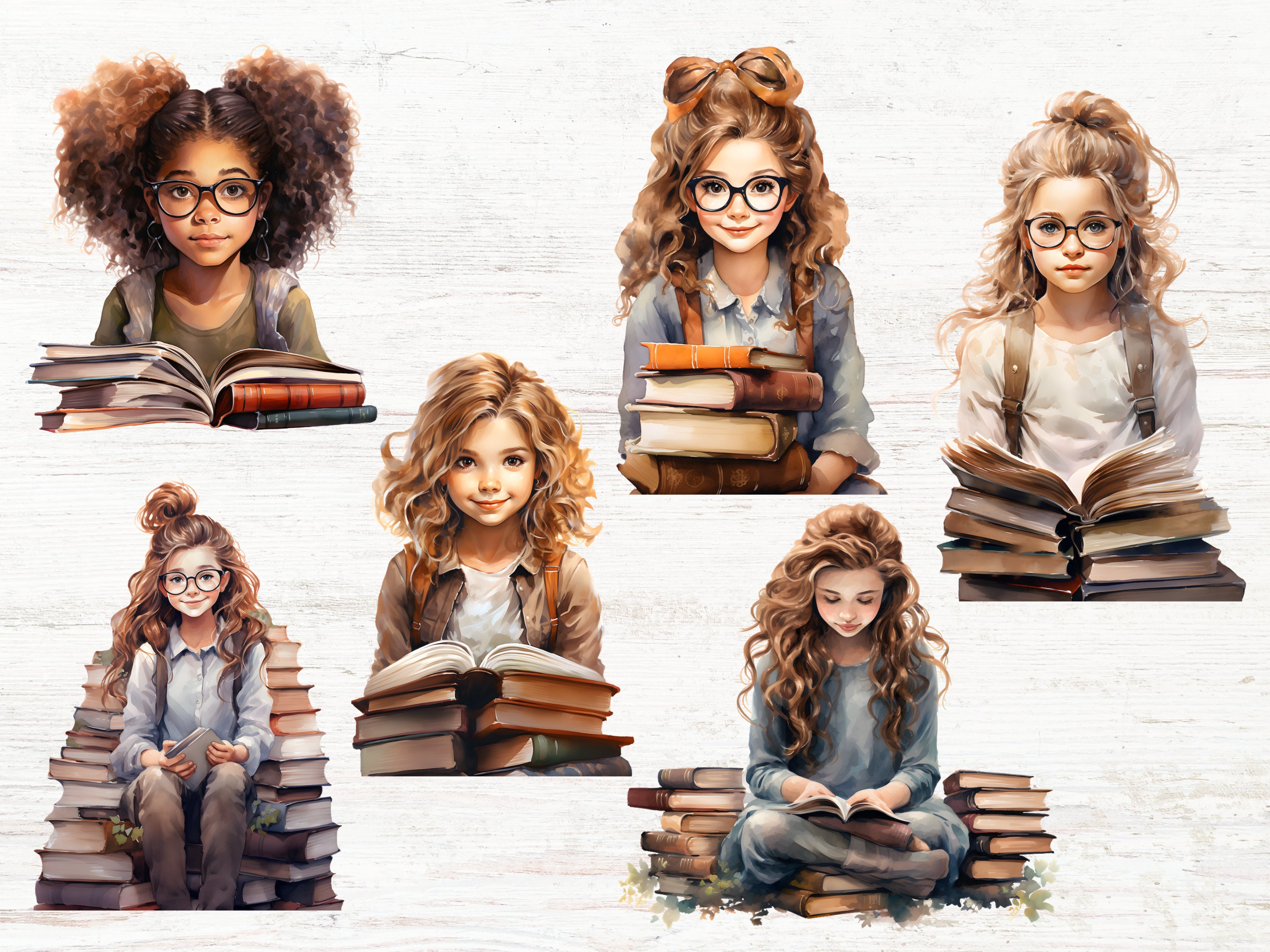 Book Lover Girls Clipart Bundle, Transparent Pngs, Commercial Use ...