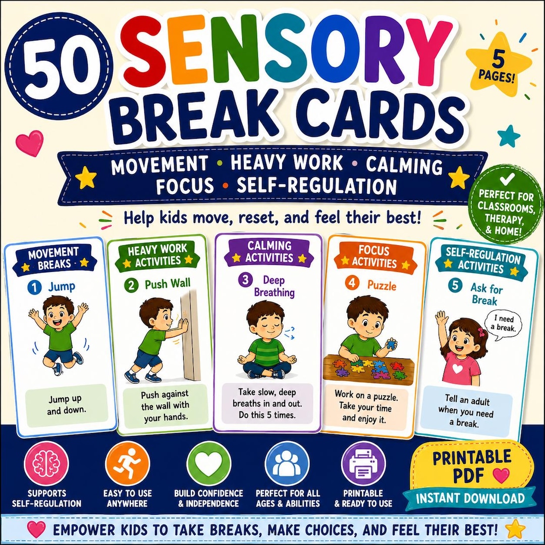 50 Sensory Break Cards for Kids | Autism, ADHD Visual Supports ...
