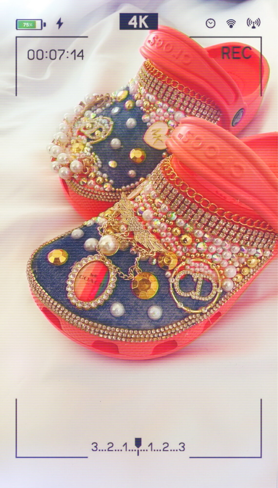 Custom Detail Denim Blinged Coral Crocs W Gold Flatbacks - Premade ...