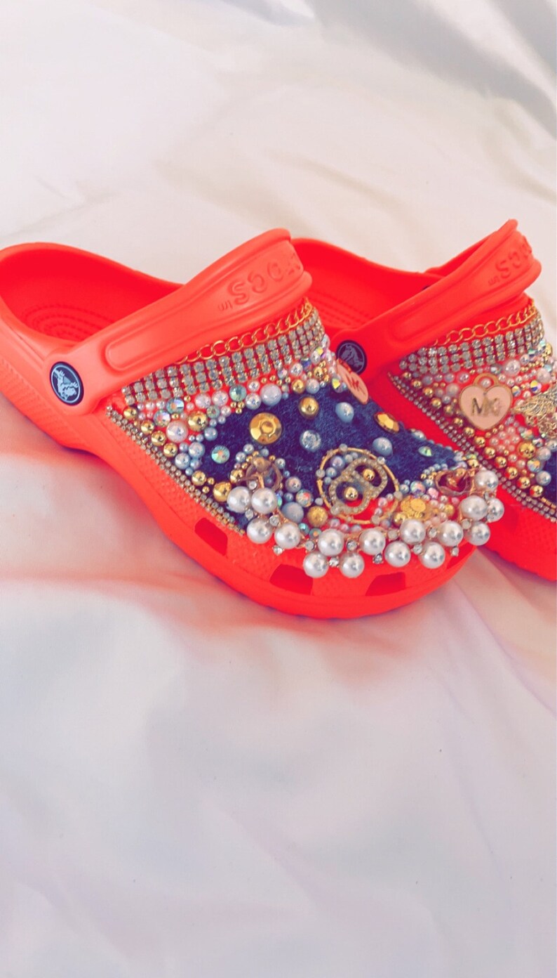 Custom Detail Denim Blinged Coral Crocs W Gold Flatbacks - Premade ...