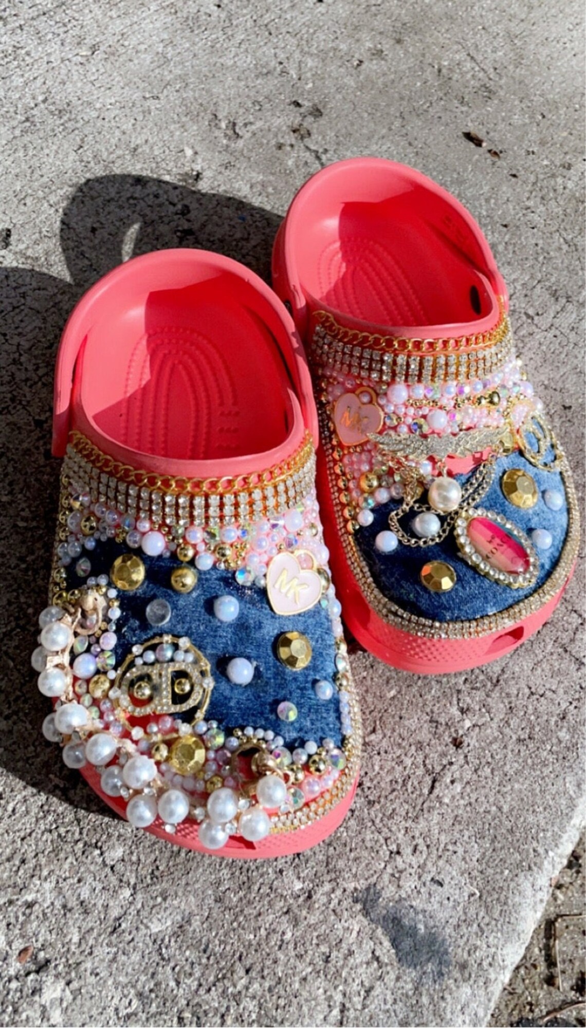 Custom Detail Denim Blinged Coral Crocs W Gold Flatbacks - Premade ...