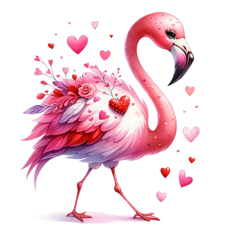 Valentine's Day Flamingo Digital Print, Love Birds Illustration ...