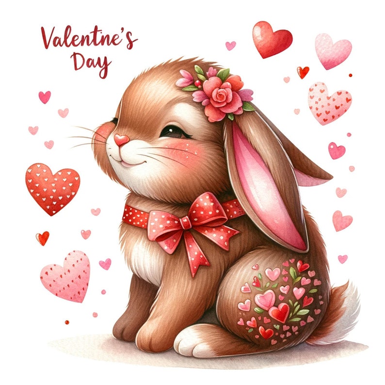 Valentine Day Bunny Digital Art, Cute Rabbit Illustration, Love Hearts ...