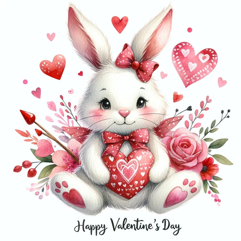 Printable Cute Bunny Valentine Day Card, Digital Download, Romantic ...