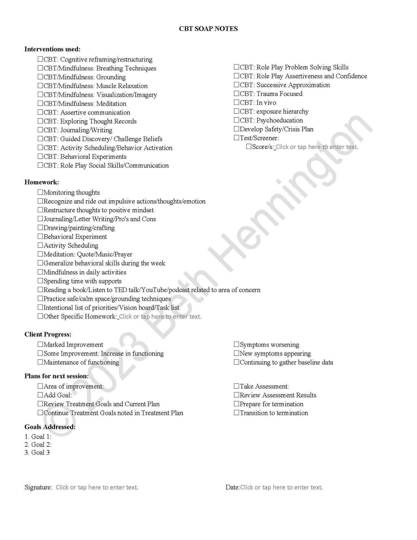 SOAP Note Template Fill in the Blank and Checkboxes for Counseling CBT ...