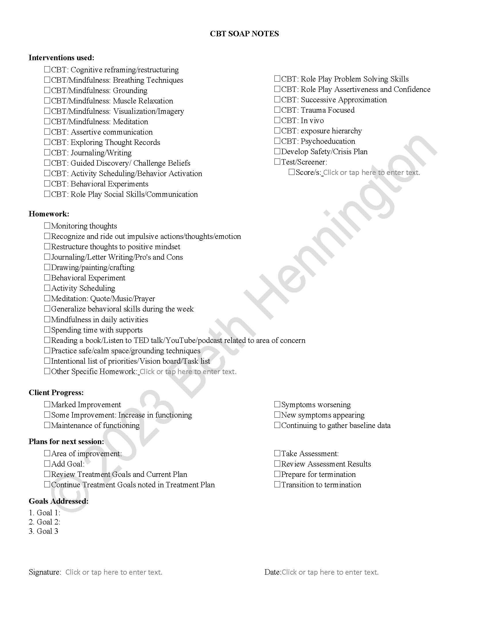 SOAP Note Template Fill in the Blank and Checkboxes for Counseling CBT ...