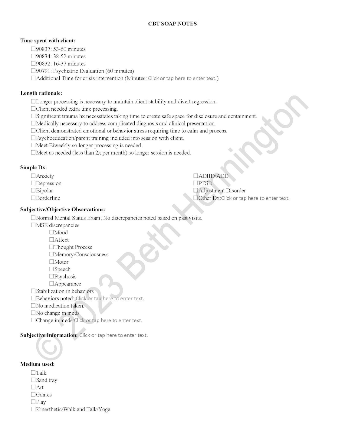 SOAP Note Template Fill in the Blank and Checkboxes for Counseling CBT ...