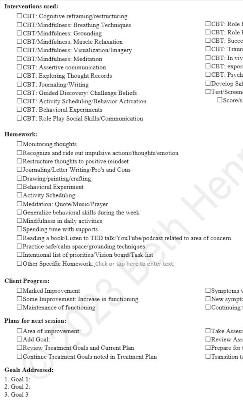 SOAP Note Template Fill in the Blank and Checkboxes for Counseling CBT ...