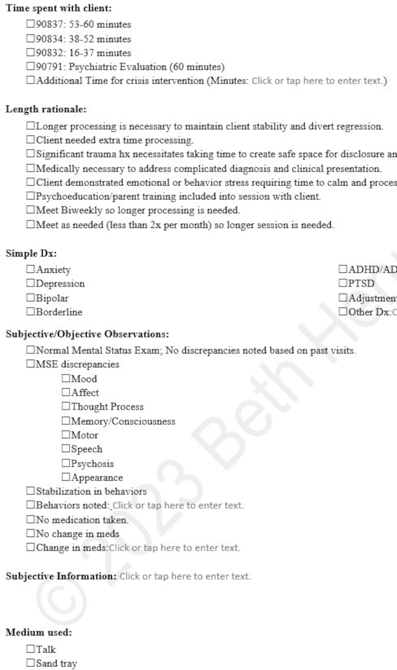 SOAP Note Template Fill in the Blank and Checkboxes for Counseling CBT ...
