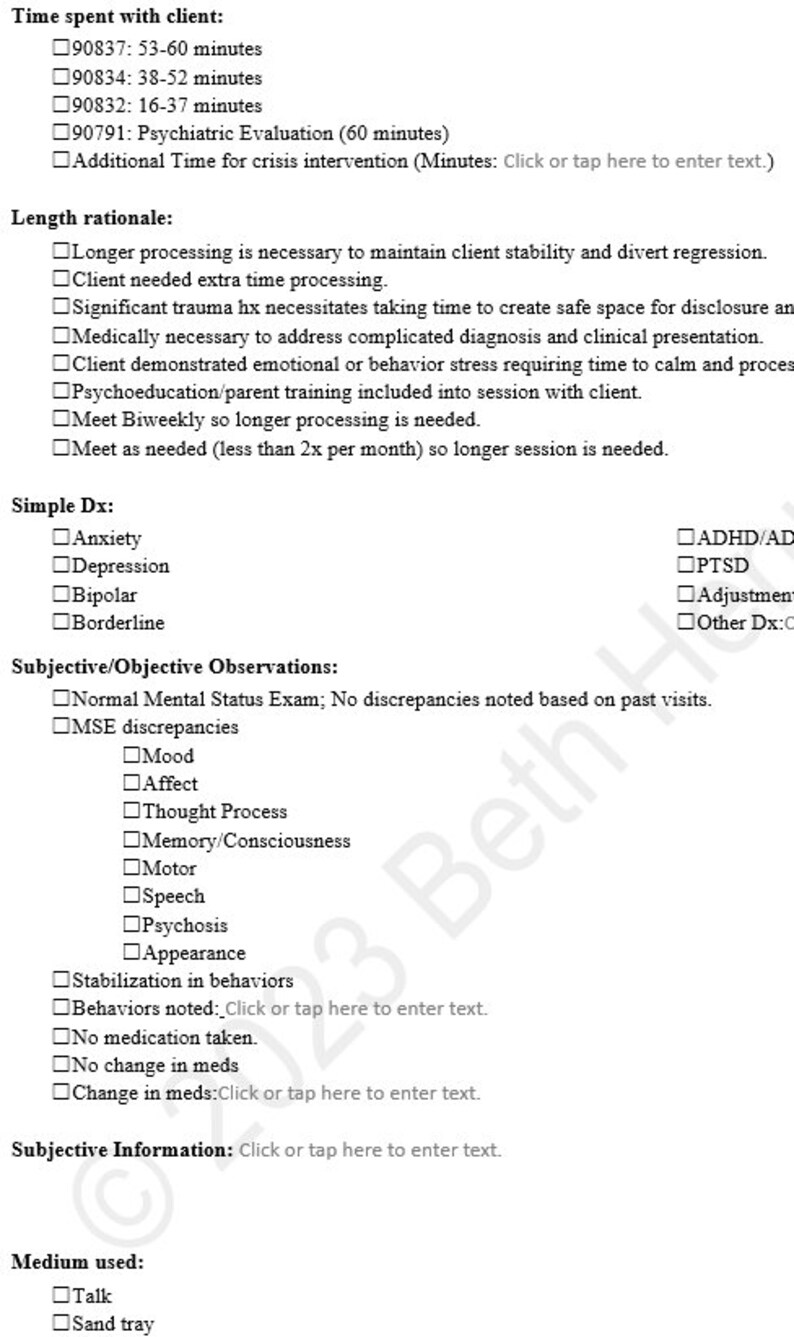 SOAP Note Template Fill in the Blank and Checkboxes for Counseling CBT ...