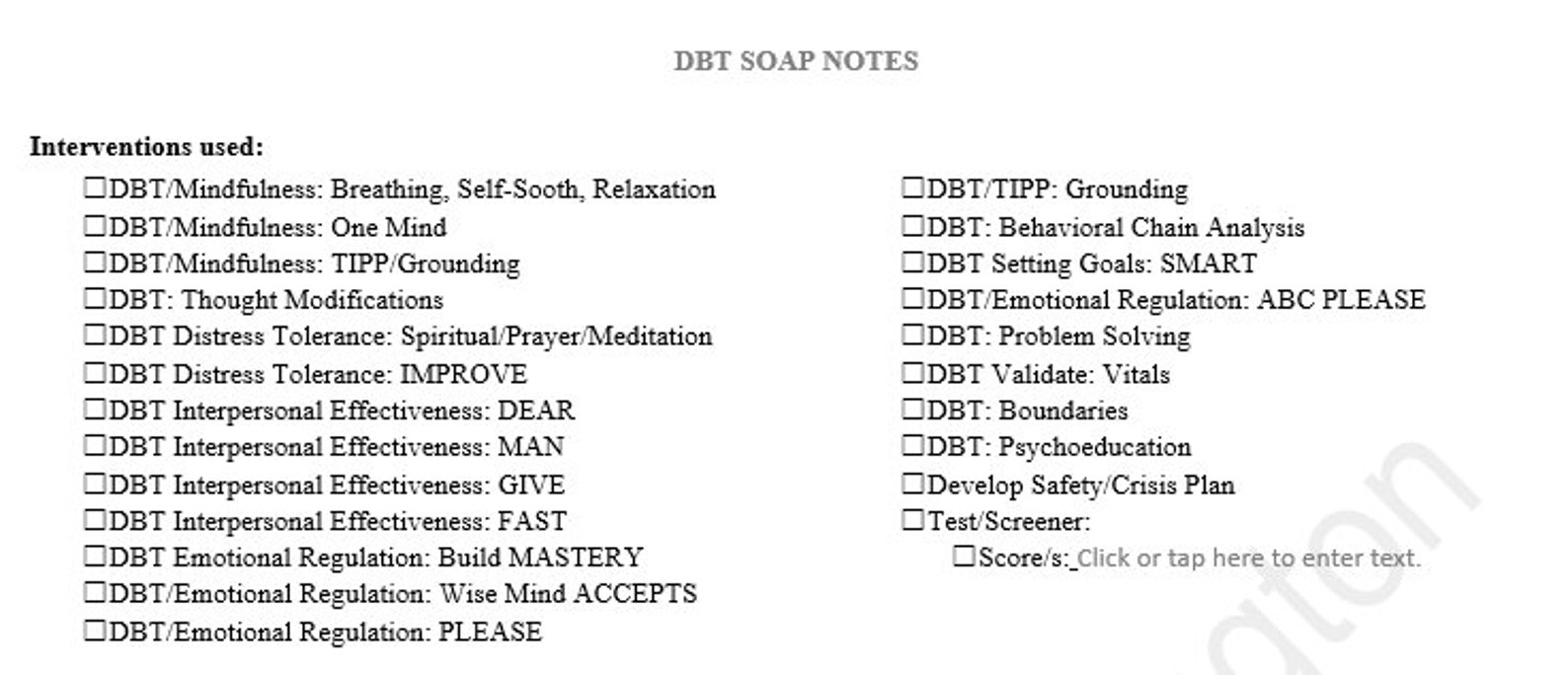SOAP Note Template Fill in the Blank and Checkboxes for Counseling CBT ...