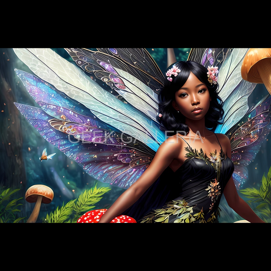 Black Fairy With Vibrantly Colored Wings and Floral Accents, 17x11 ...