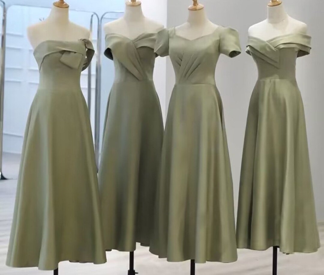 Green Satin off the Shoulder Anke Length Bridesmaid - Etsy