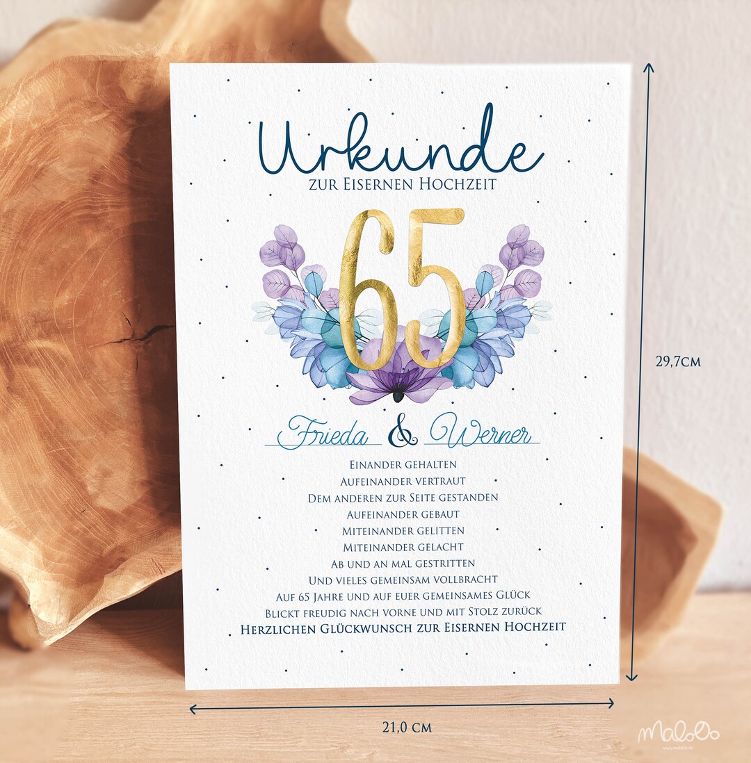 Eiserne Hochzeit Geschenk Urkunde personalisierbar 65. - Etsy.de