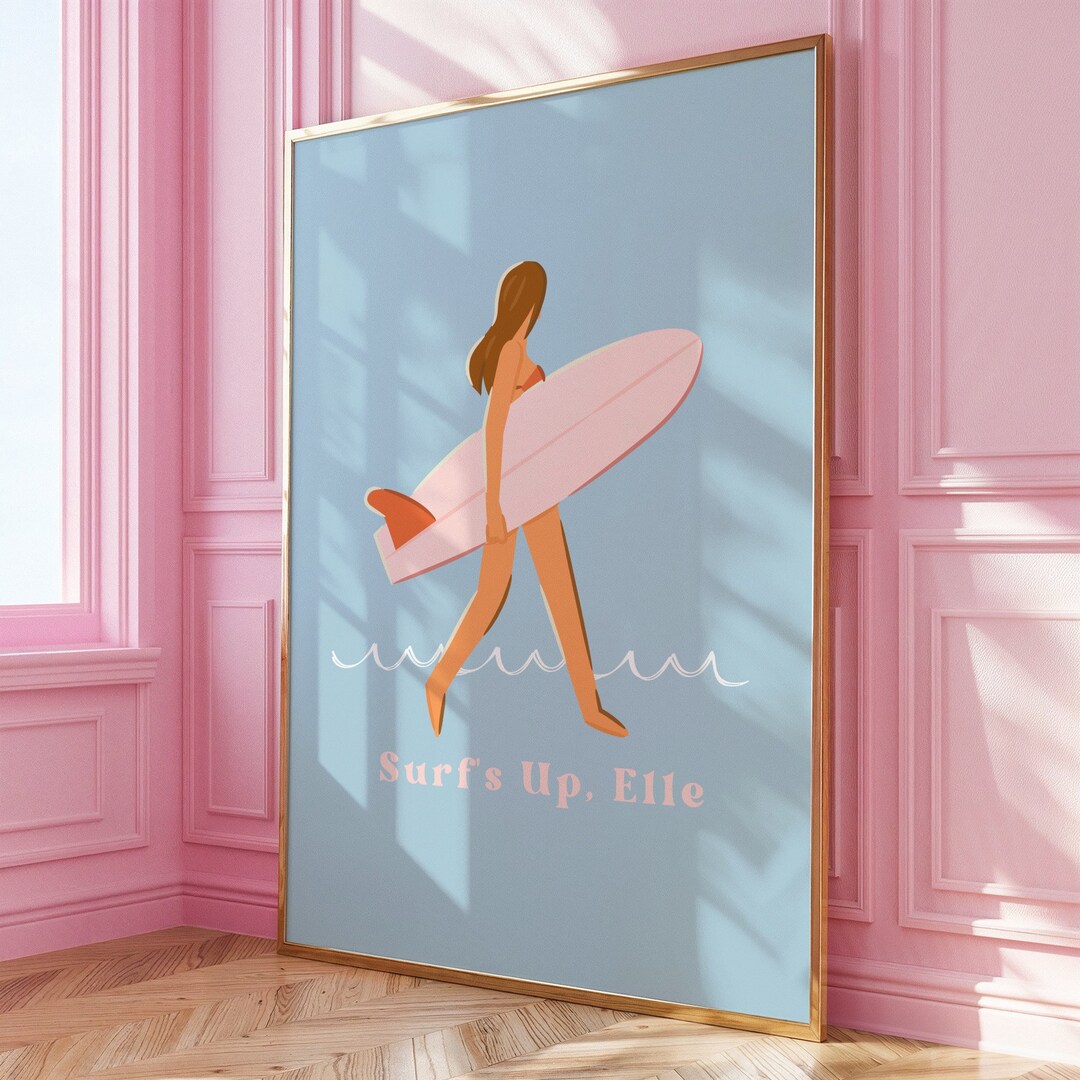 Personalised Name Beachy Wall Art Surfer Girl Room Decor Light Blue ...