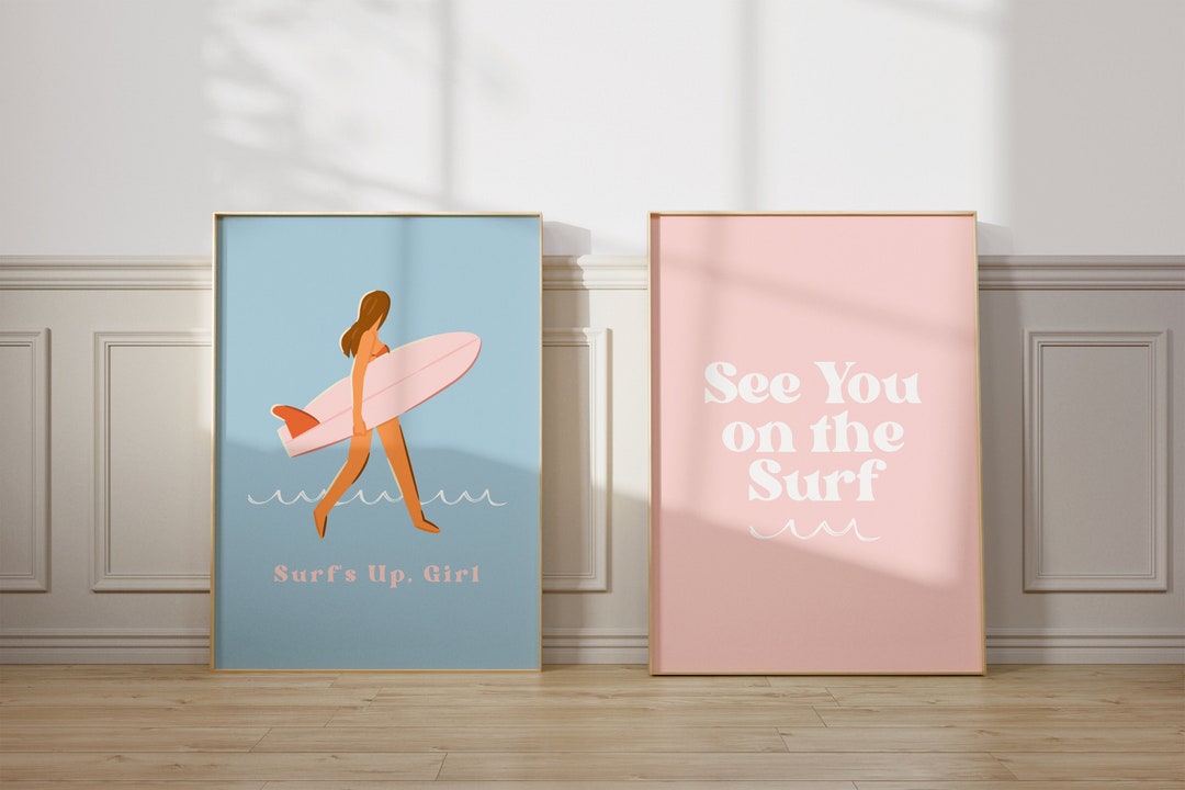 Girly Surf Poster Set Blue & Pink Cute Surfer Girl Print Surfboard Wall ...