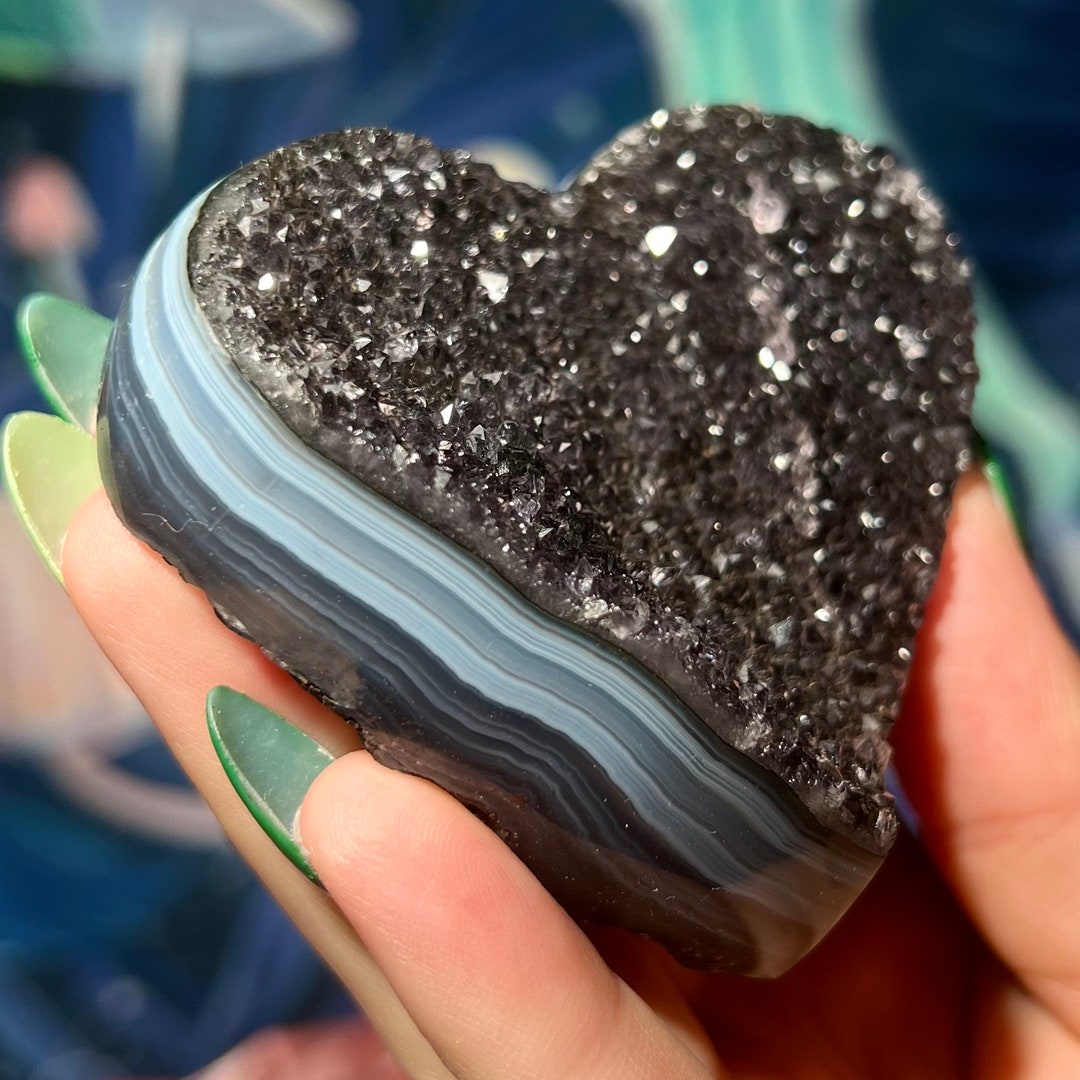 Midnight Storm Black Galaxy Amethyst Druzy Crystal Heart W/ Blue Agate ...