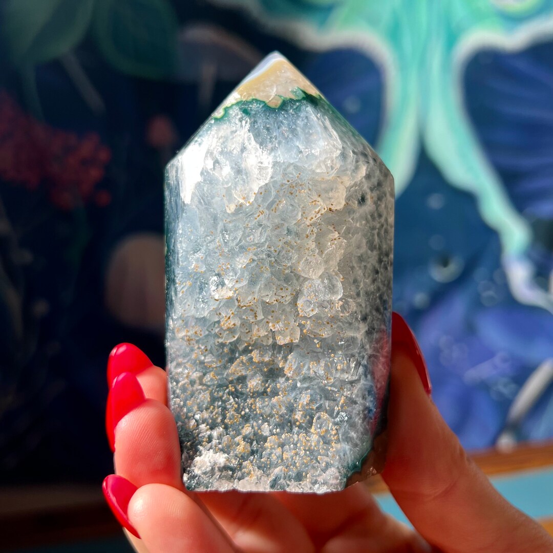 Sea Salt - Unique Quartz Druzy Crystal Tower W/ Calcite, Green Quartz ...