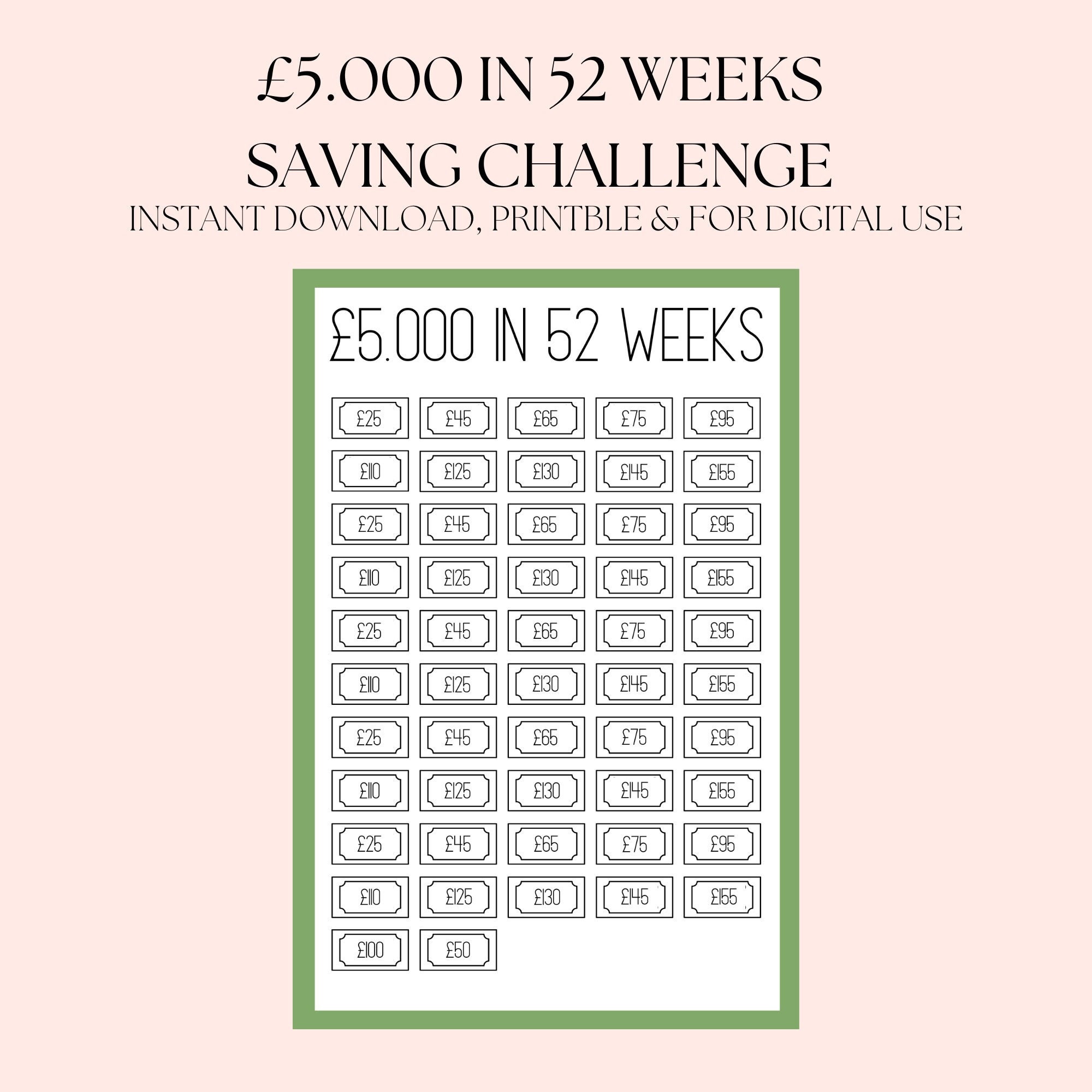 5000 in 52 Weeks Saving Challenge Printable Saving Challenge Digital ...