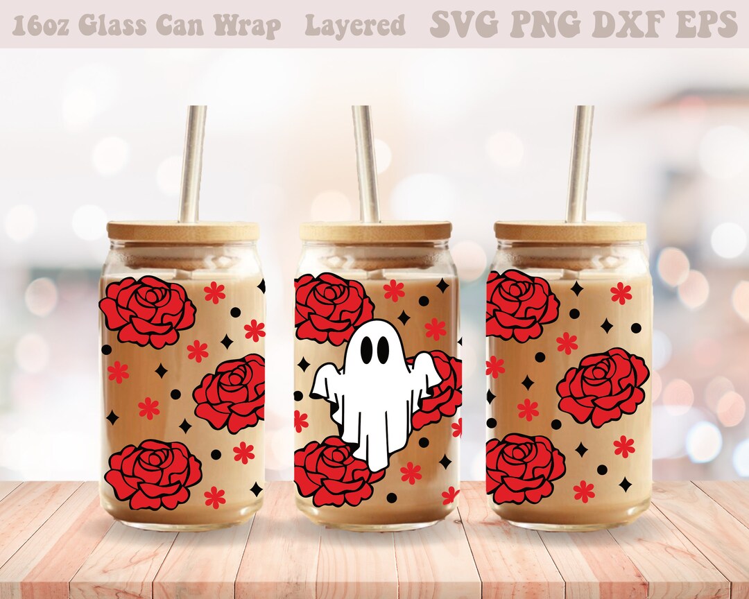 Flowers Ghost Glass Can Wrap Svg, Halloween Libbey Wrap Svg, Libbey ...