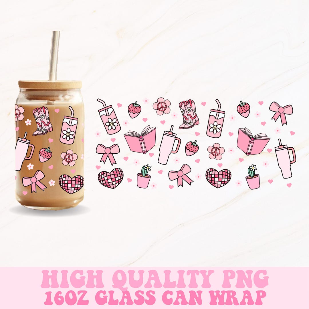 Girly Pink 16oz Glass Can Wrap, Bookish Girly Png, Coquette Glass Can ...
