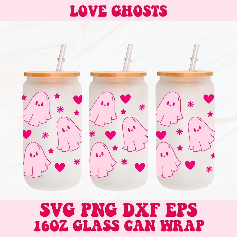 Pink Ghosts Glass Can Wrap Svg, Valentines Ghosts Libbey, Libbey Glass ...