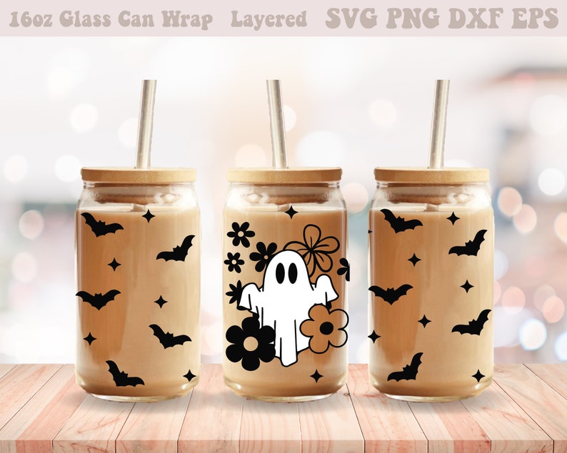 Flower Ghost Glass Can Wrap Svg, Ghost Libbey Wrap Svg, Libbey Glass ...
