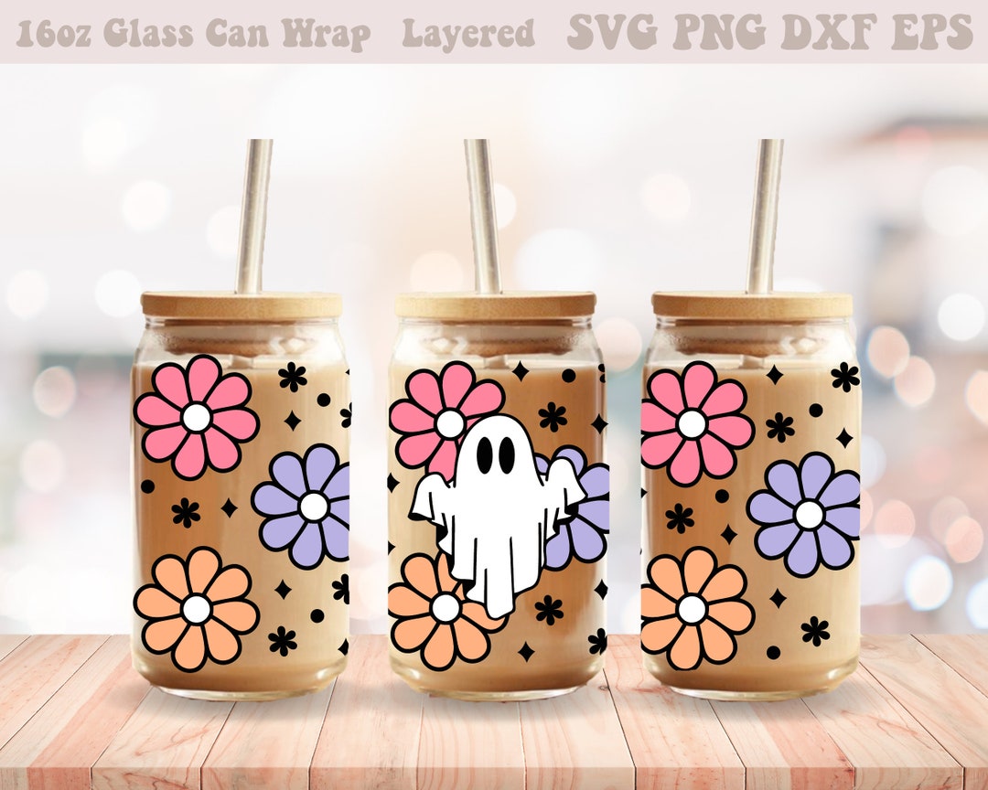 Flowers Ghost Glass Can Wrap Svg, Halloween Libbey Wrap Svg, Libbey ...