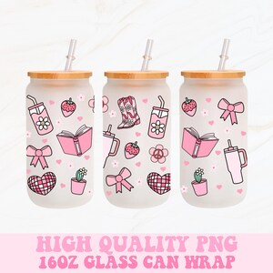 Girly Pink 16oz Glass Can Wrap, Bookish Girly Png, Coquette Glass Can ...
