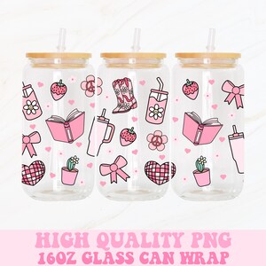 Girly Pink 16oz Glass Can Wrap, Bookish Girly Png, Coquette Glass Can ...