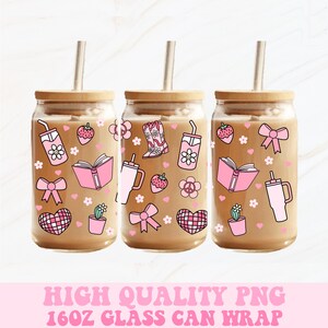Girly Pink 16oz Glass Can Wrap, Bookish Girly Png, Coquette Glass Can ...