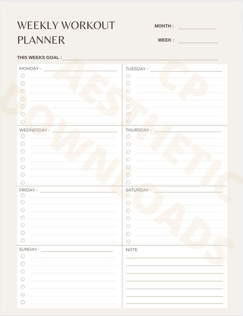 Weekly Workout Planner Printable, Instant Download, Minimal ...