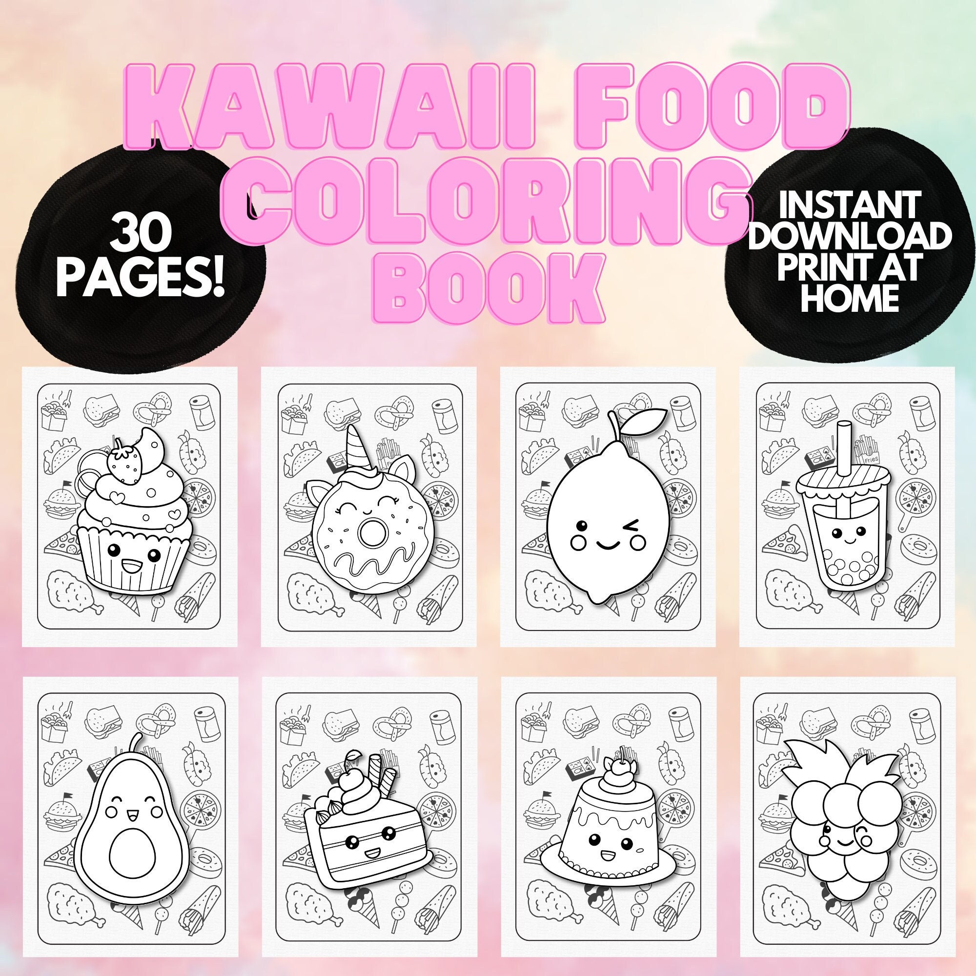 Cute Kawaii Food Coloring Book for Kids Teens Adults, Coloring Pages ...