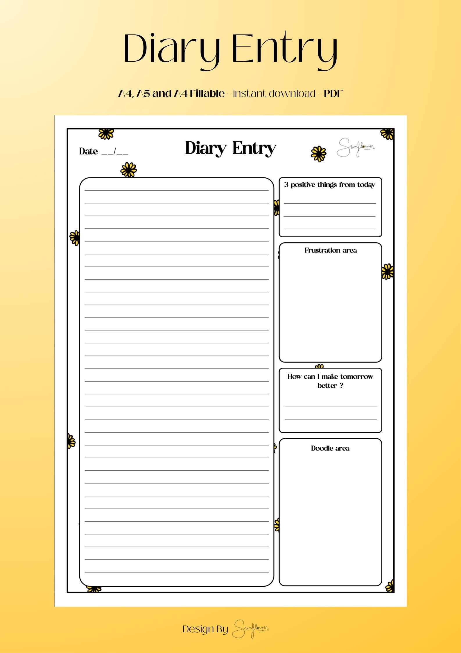 Diary Entry, Everyday Diary, Frustration Area, Doodle Area, Positive ...