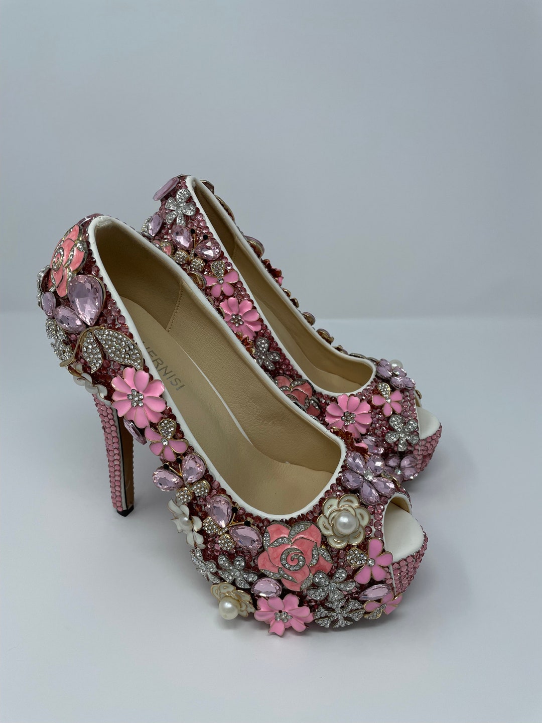 Pink Crystal Pump With Peep Toe and Broaches Size 8.5 - Etsy