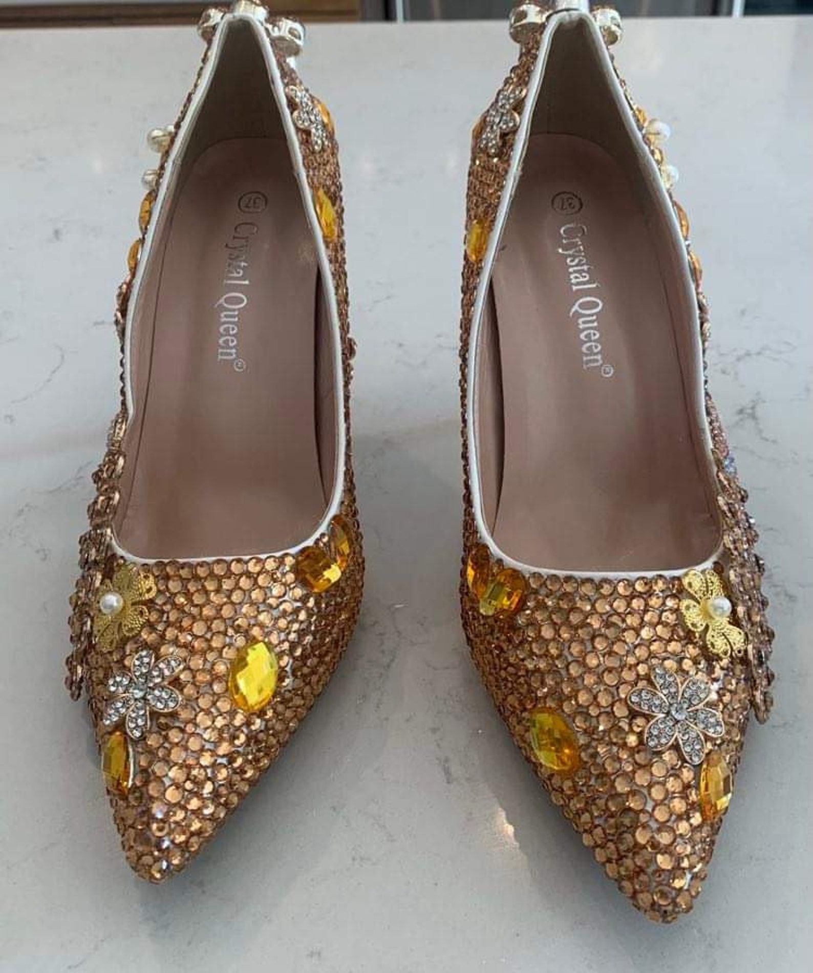 Custom Crystal Heels Brown Crystals Pointy Toe - Etsy