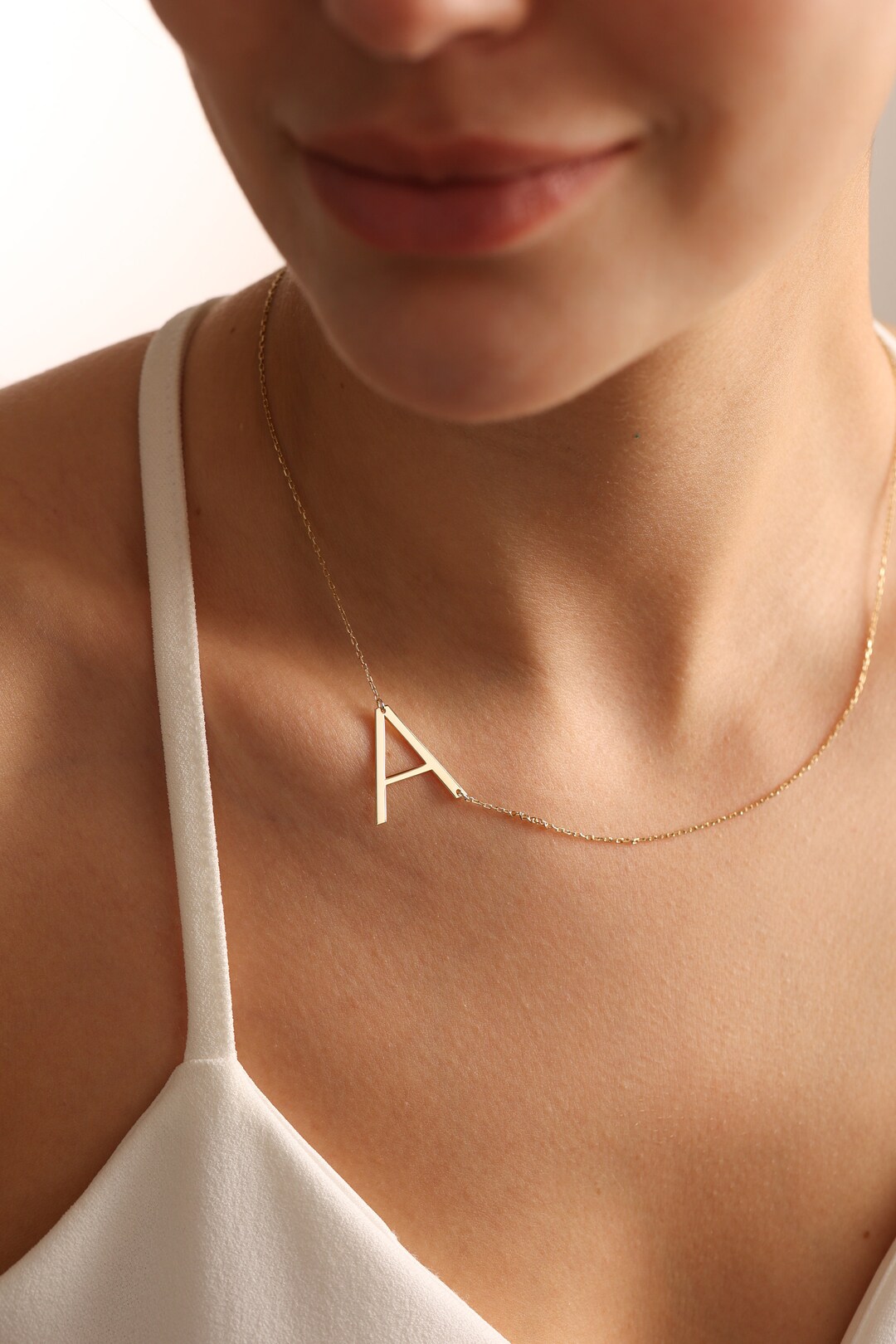 Big Letter Necklace, Large Sideways Necklace, Initial Name Chain, Gold ...