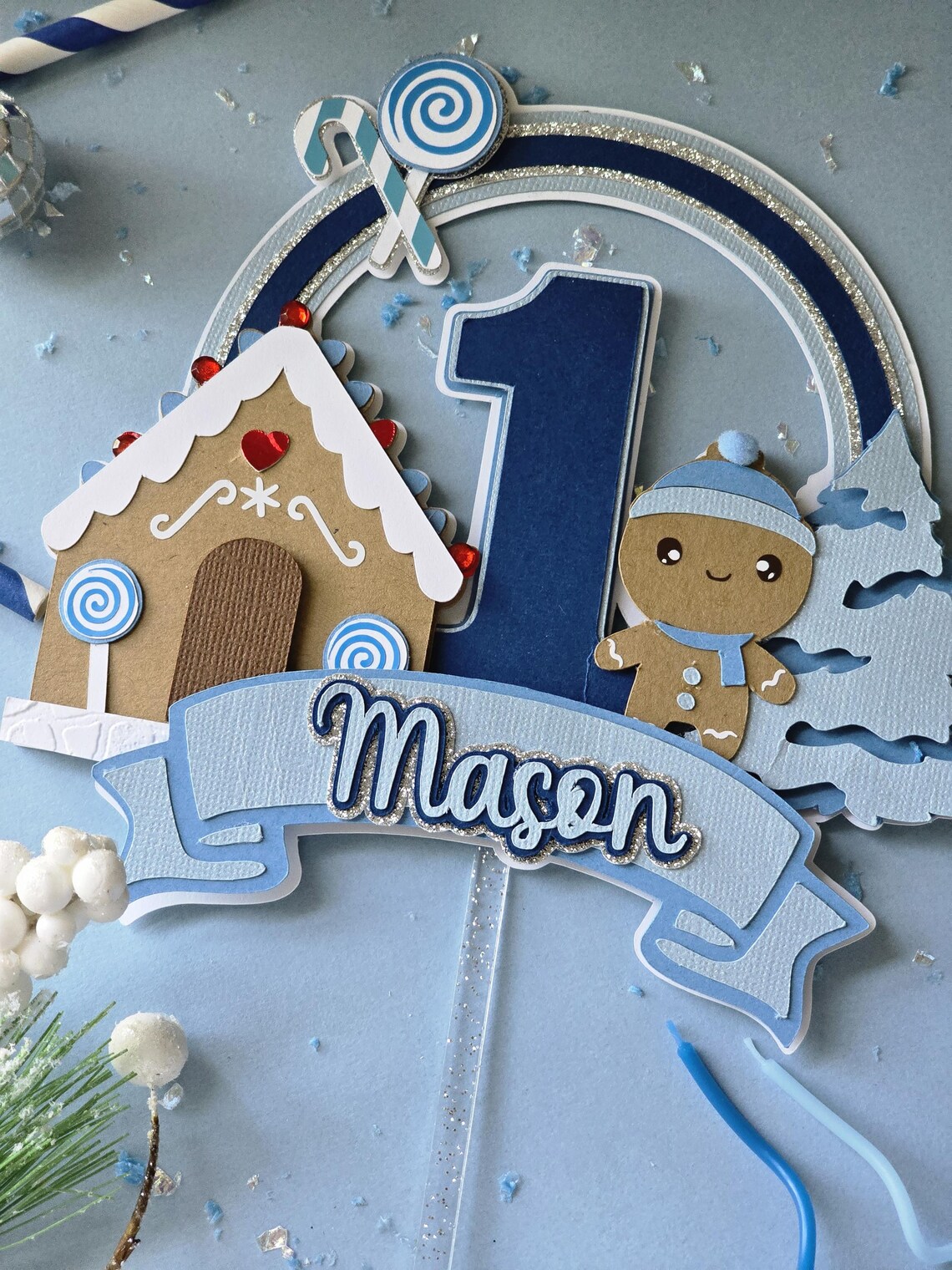Gingerbread Man Birthday Cake Topper: Blue Christmas Theme - Etsy