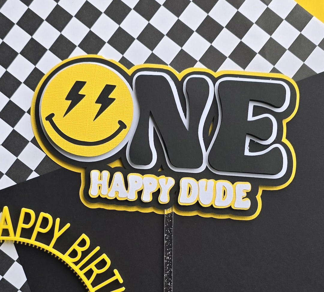 One Happy Dude First Birthday Cake Topper, Retro Smiley Face Party ...