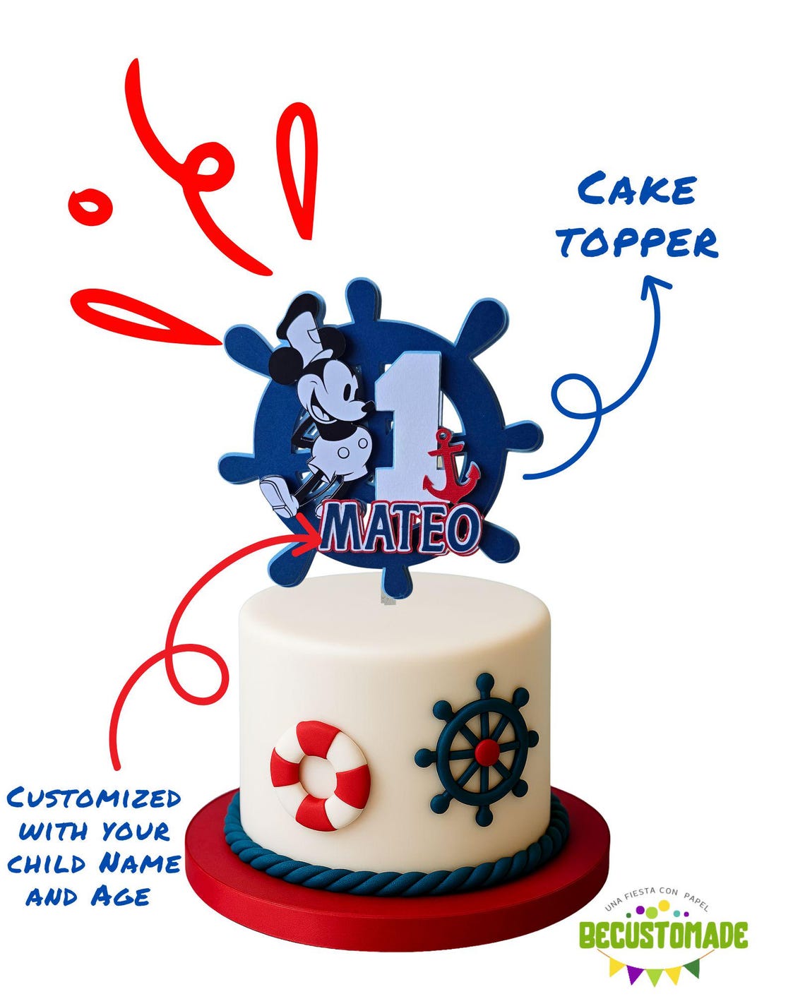 Sailing Into ONE | Mickey Steamboat Willie Caketopper | Sailor First ...