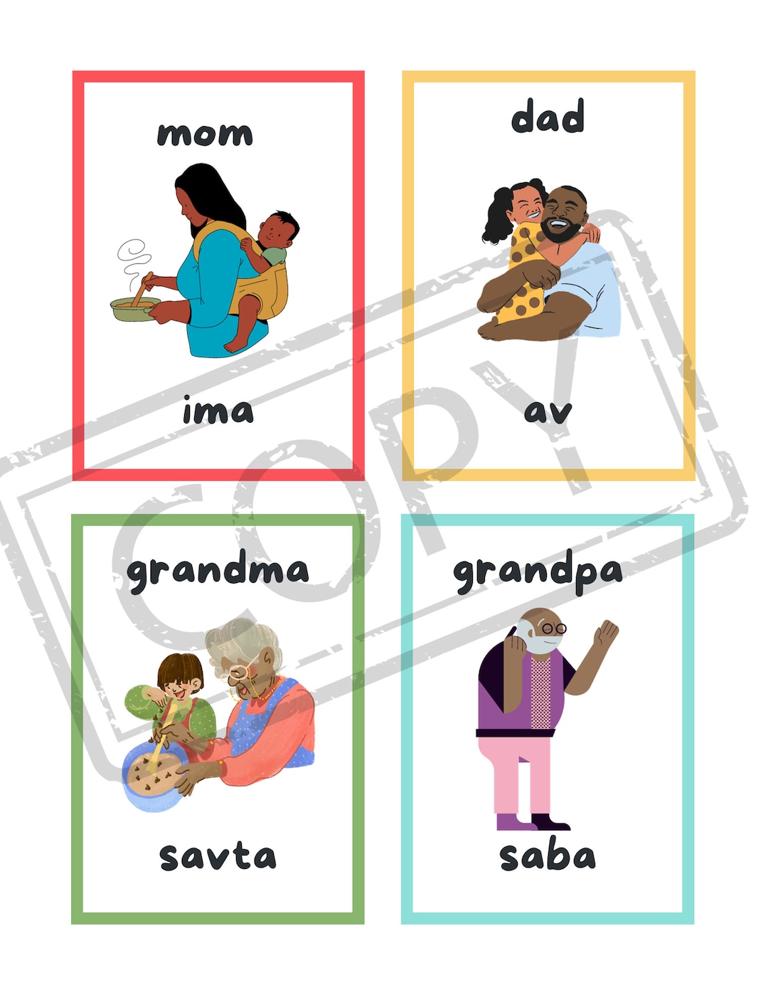 Hebrew/english Family Word Flash Cards PDF - Etsy