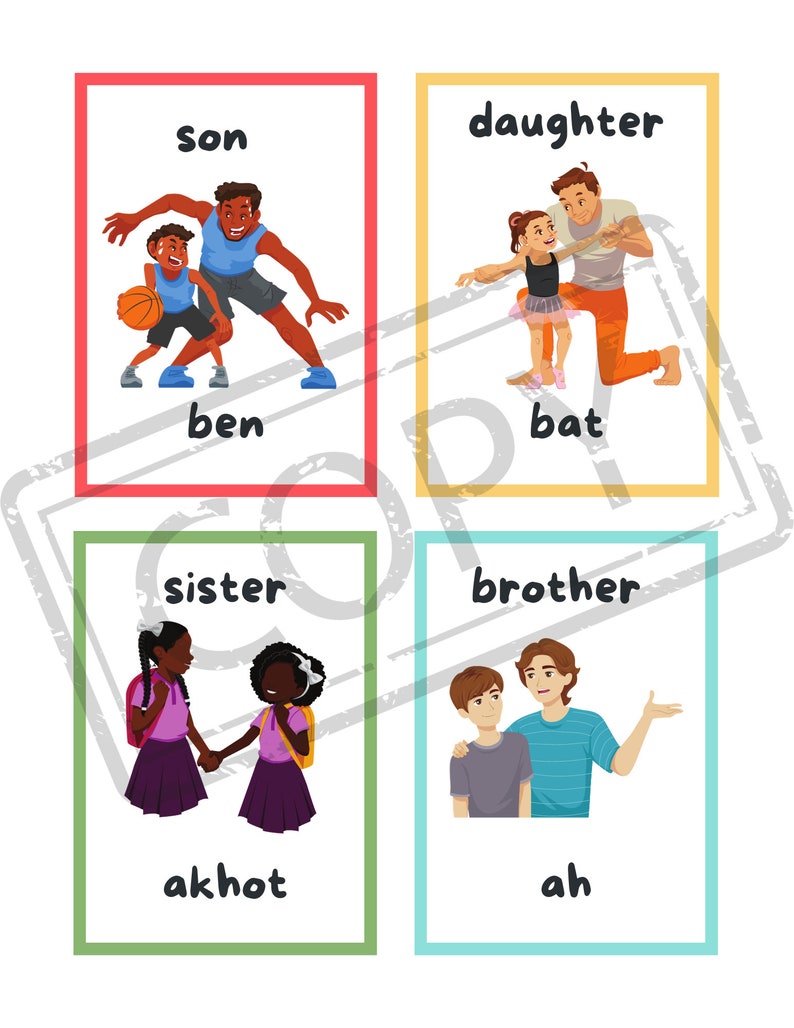 Hebrew/english Family Word Flash Cards PDF - Etsy