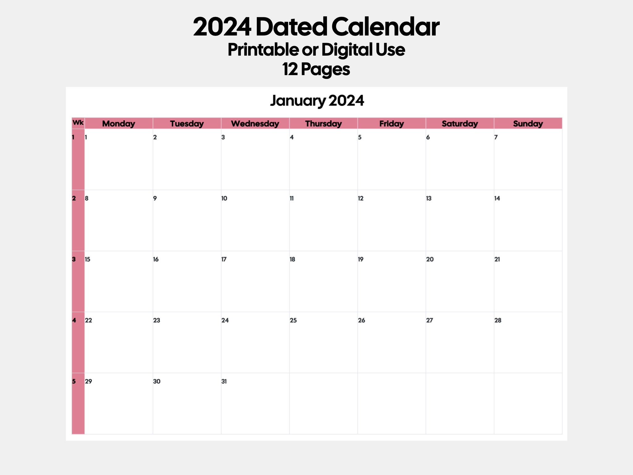 2024 Monthly Calendar With Monday Start, Dated, Printable or Digital ...