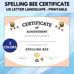 Spelling Bee Certificate, Award and Certificate of Achievement for Kids ...