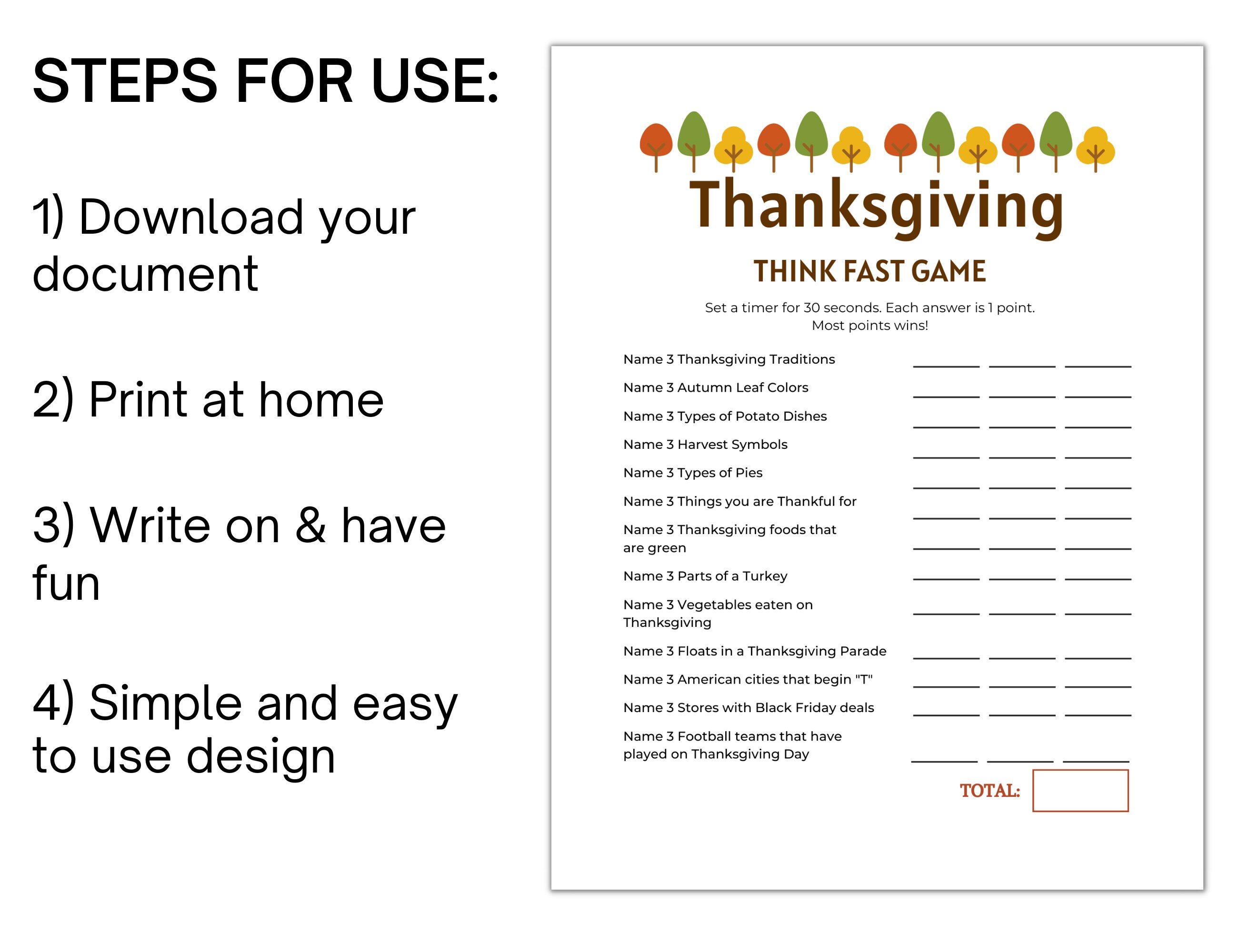 Thanksgiving Think Fast Game, Thanksgiving Printable Game, Holiday ...