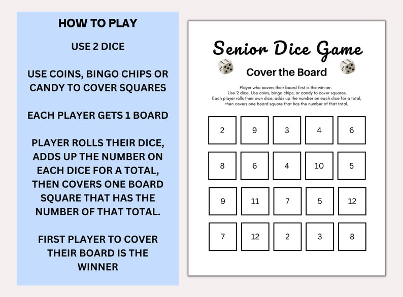 Senior Dice Game, Printable Games for Seniors, Retirement Games ...