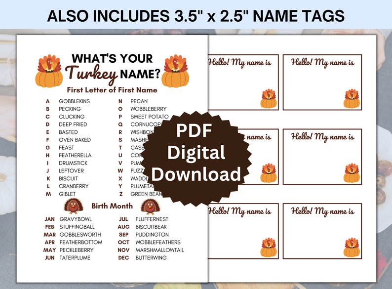 What's Your Turkey Name Game, Thanksgiving Games Printable for Family ...
